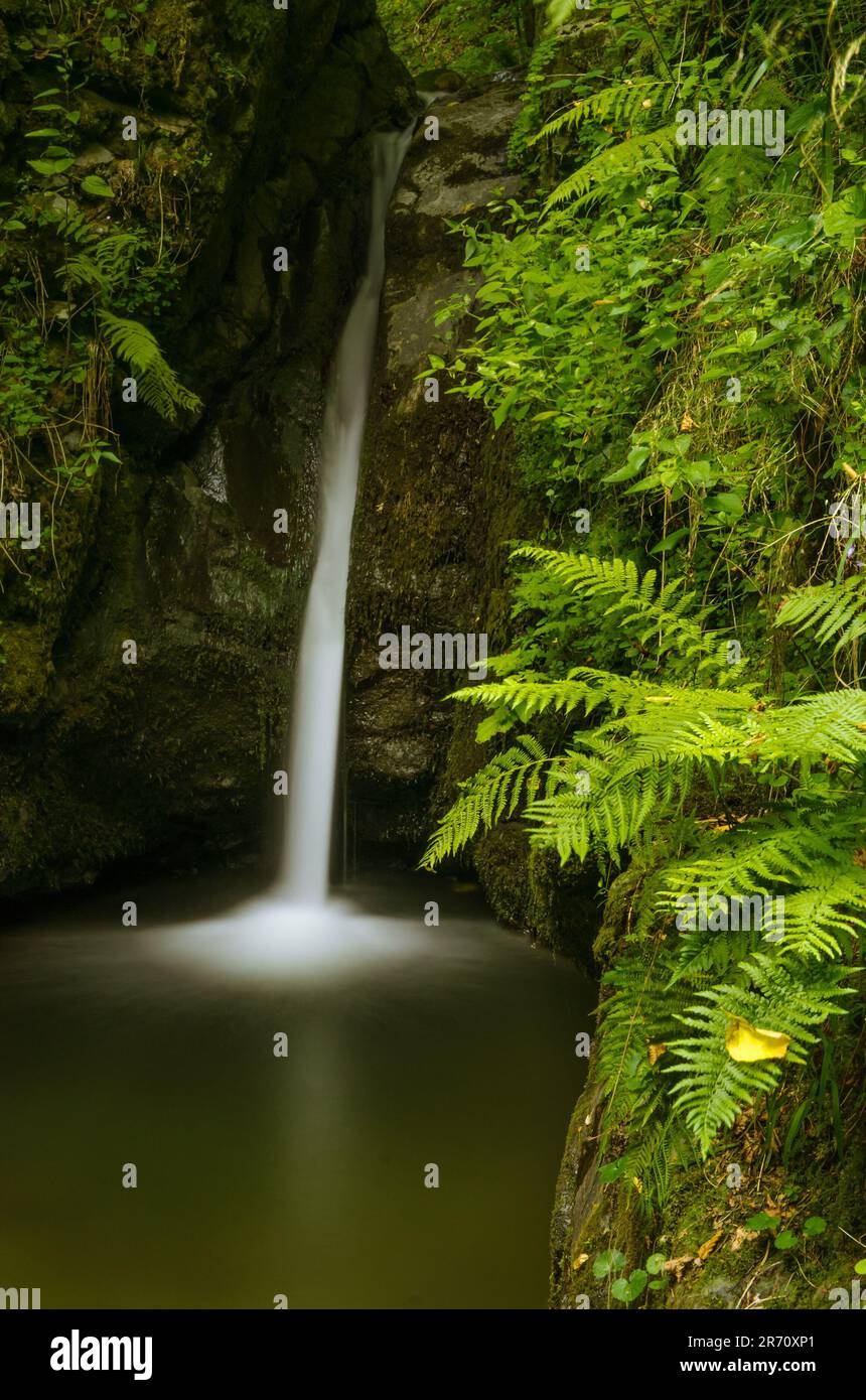 A picturesque waterfall cascading down a rocky cliff face into a deep ...