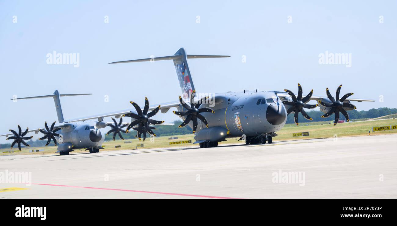 Two Airbus A400M airplanes of the German Air Force are pictured after ...