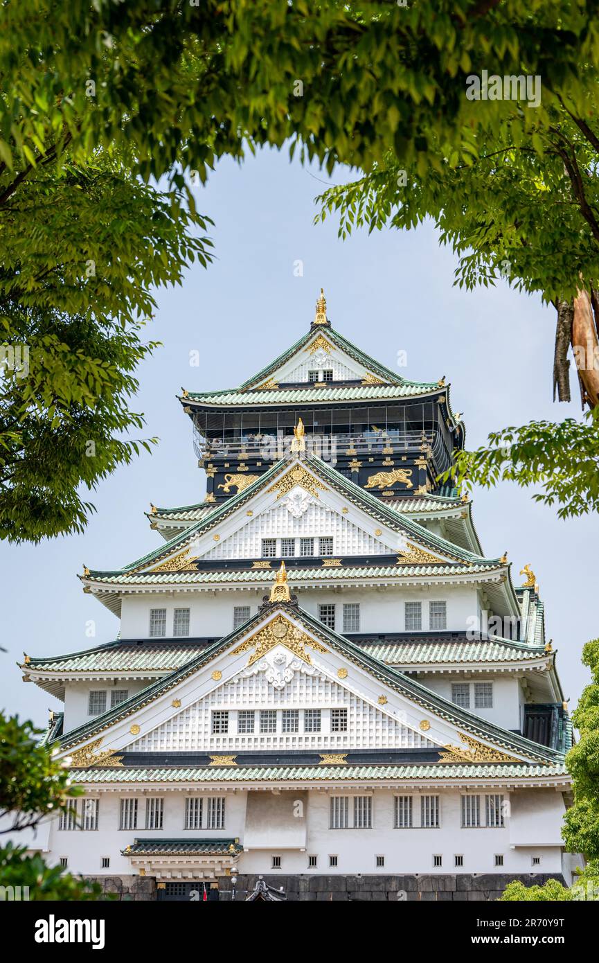 A large grand castle in Osaka, Japan, surrounded by an abundance of ...