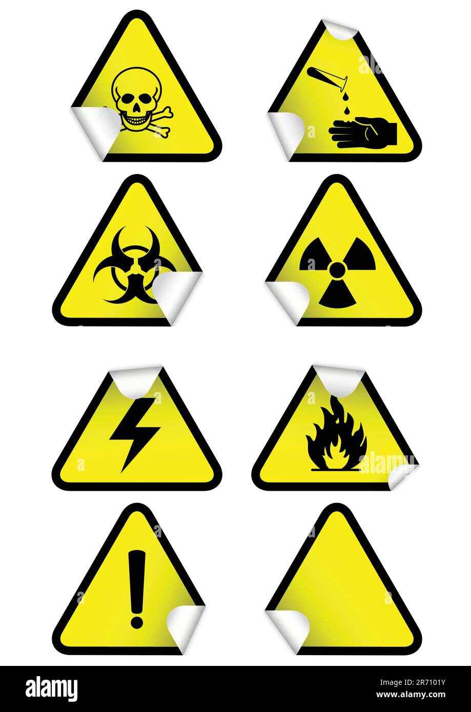 Vector illustration set of different hazmat warning signs on peeled ...