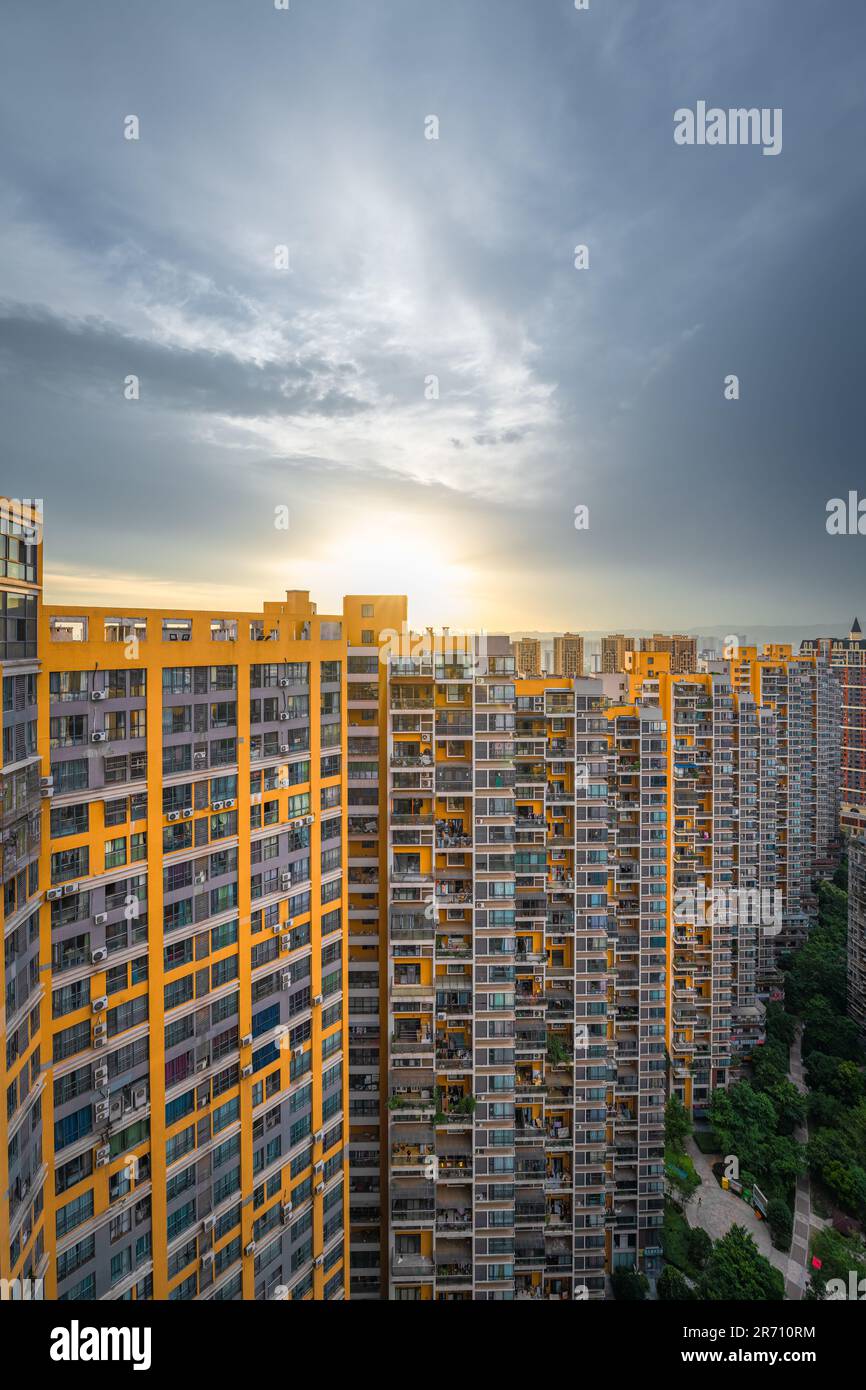 The sunrise illuminates the urban residential buildings in Chengdu ...