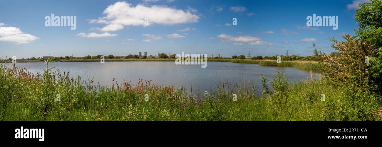 Panoramic view of Haverton Hole pool at RSPB Saltholme, looking towards ...