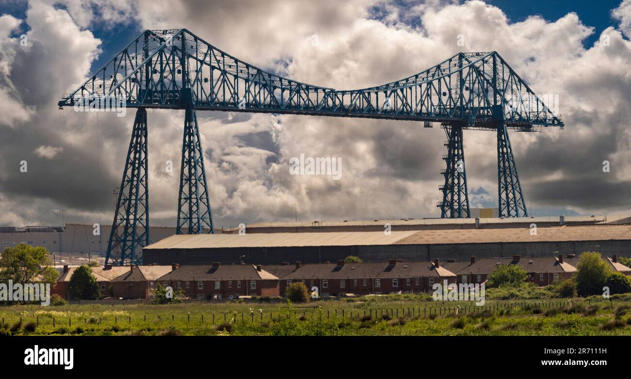 Middlesbrough Transporter bridge seen against a cloudy blue sky with ...