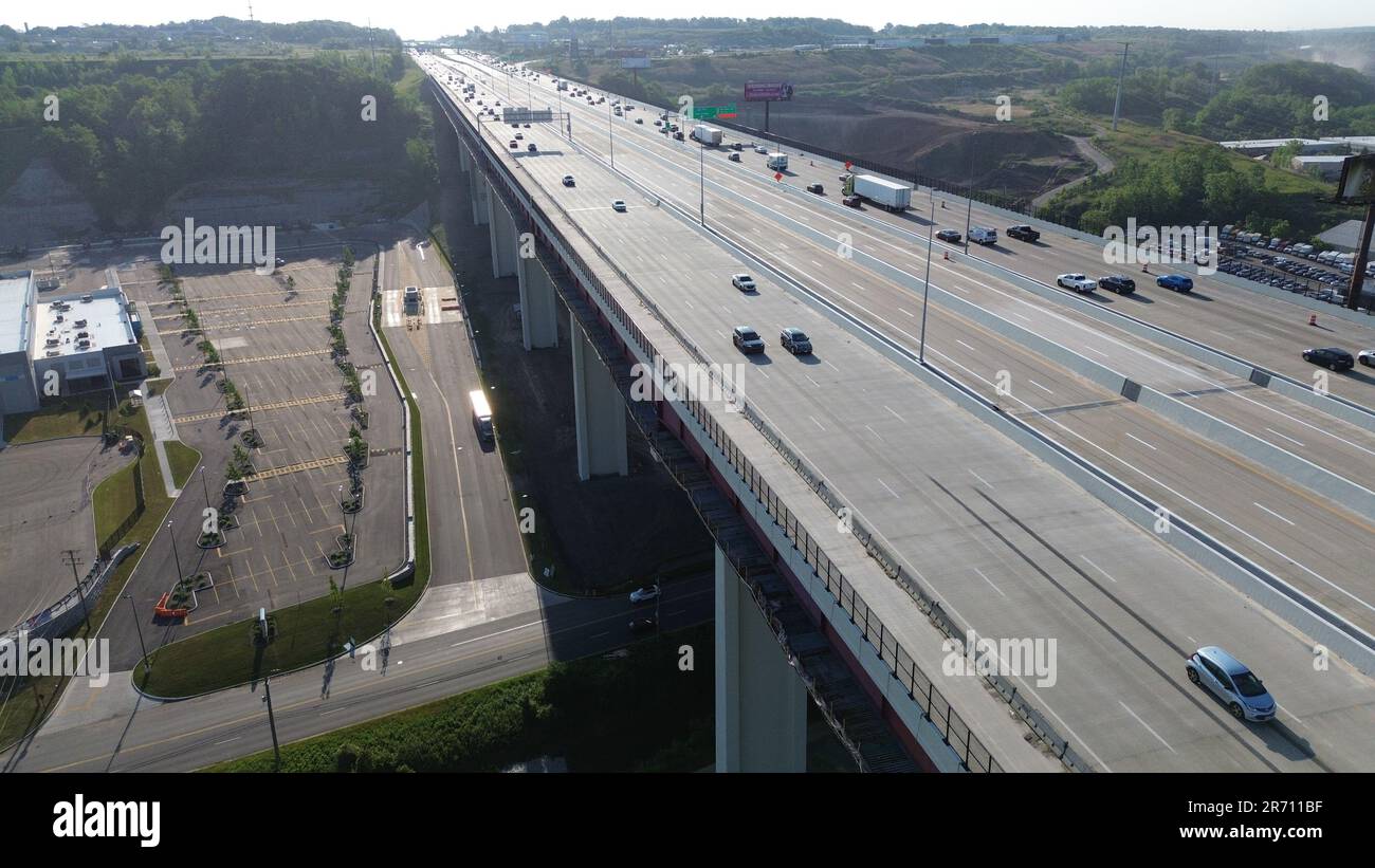An aerial view of vehicles traveling along a highway road on the Valley ...