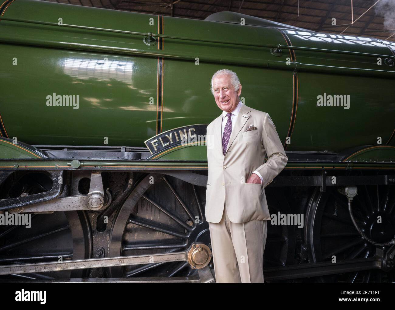 King Charles III, arrives by royal train, pulled by the Flying Scotsman, at Pickering Heritage ...