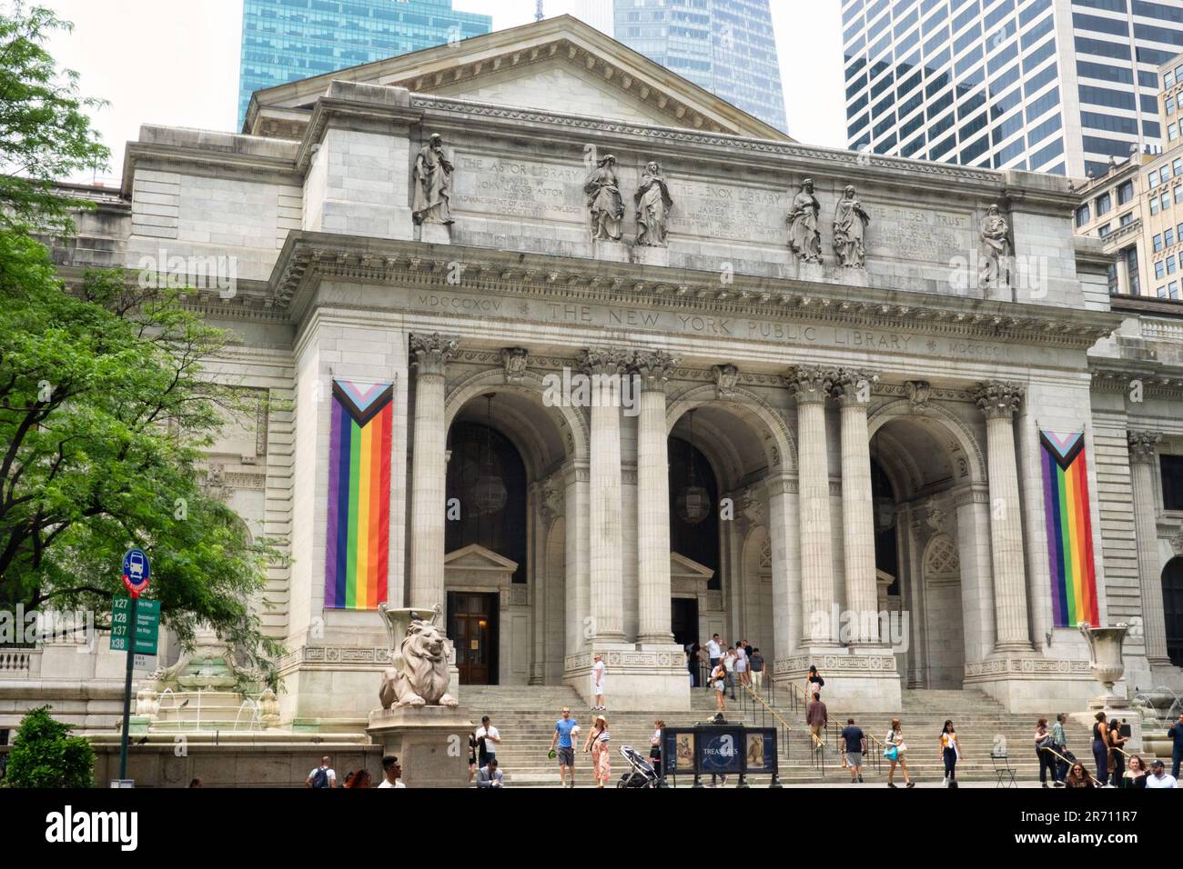 The New York Public Library with Pride banners hanging on the front ...