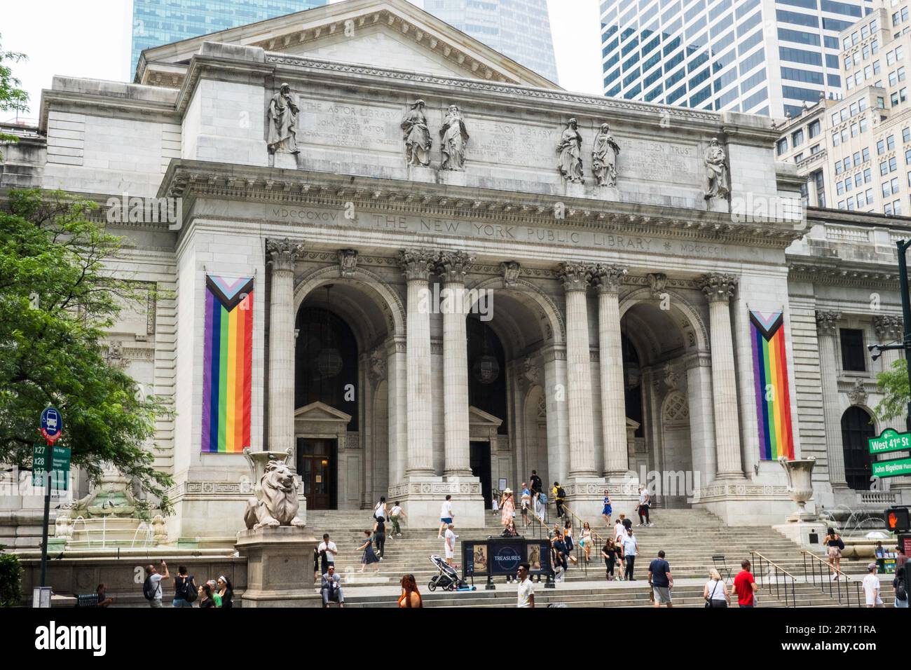 The New York Public Library with Pride banners hanging on the front ...