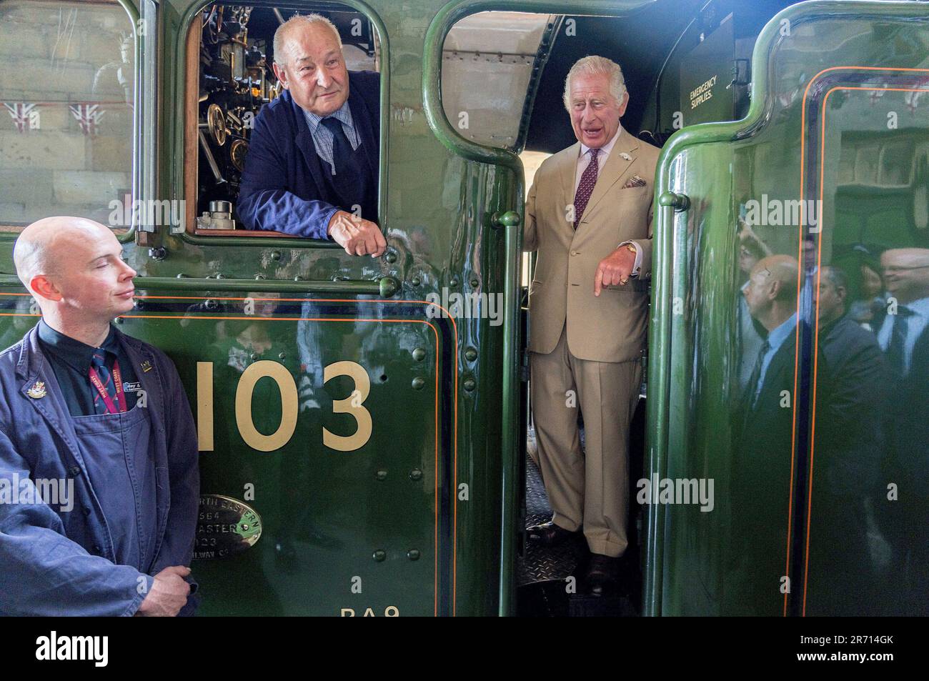 Britain's King Charles III, arrives by royal train, pulled by the Flying Scotsman, at Pickering ...