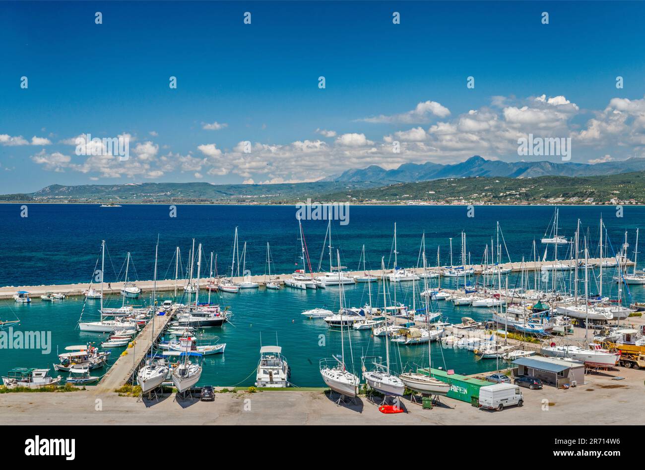 Boats at marina, Navarino Bay in Pylos, Peloponnese peninsula ...