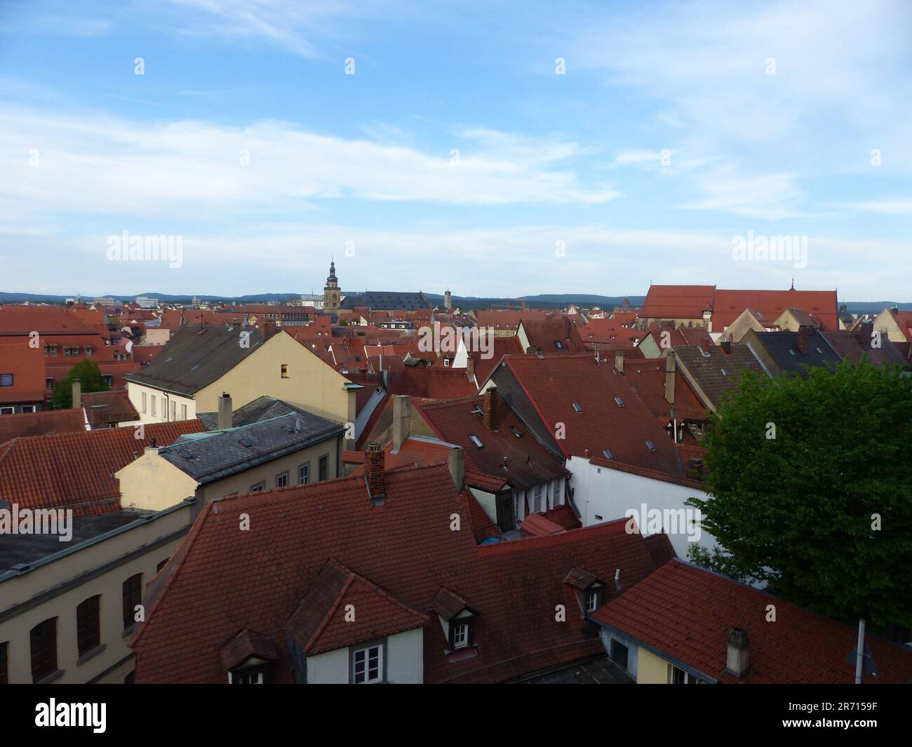 An aerial view of a cityscape featuring a vibrant array of red-roofed ...