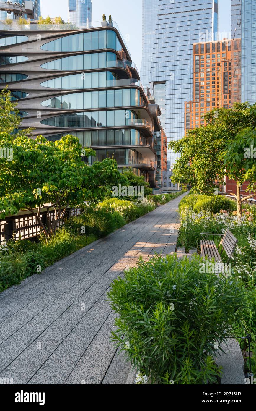 The High Line Park promenade in summer. Elevated greenway in Chelsea ...