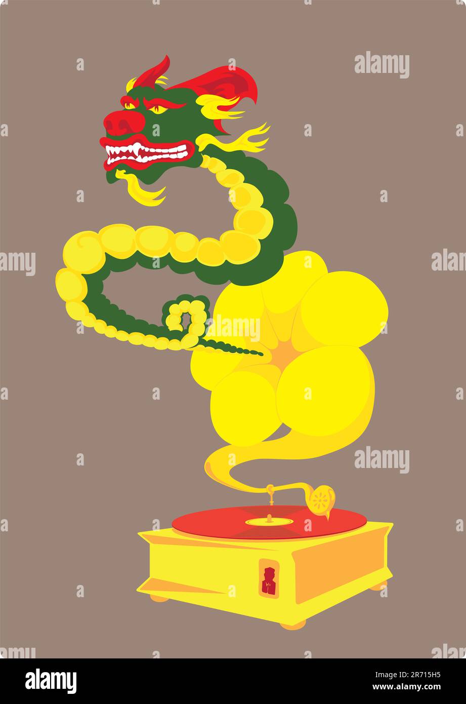 Chinese music coming out from a tube of an old gramophone in a form of ...