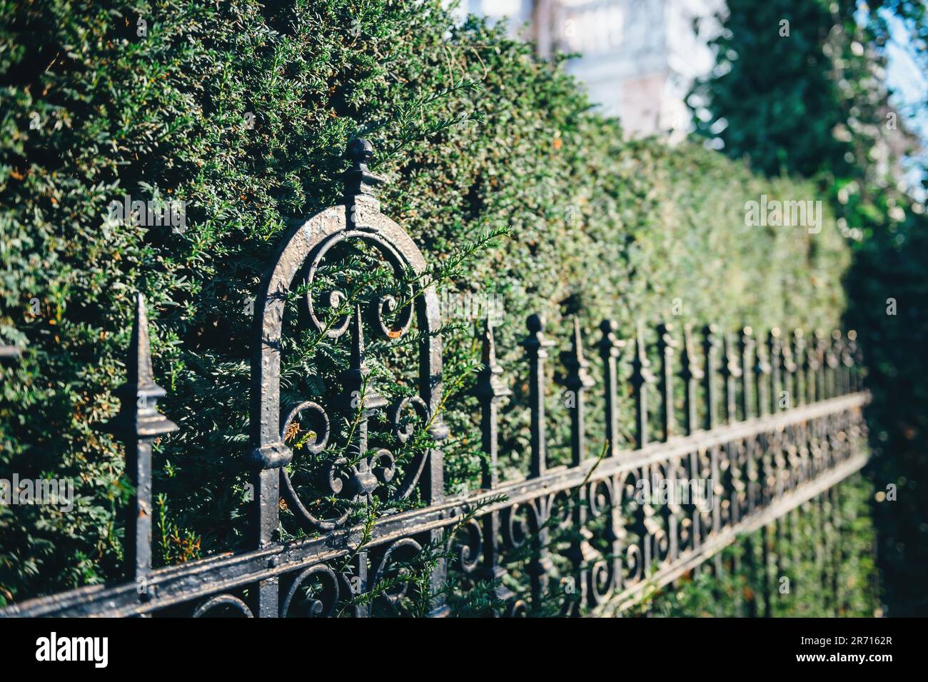 Vintage iron fence provides security. Perspective of old city shows ...
