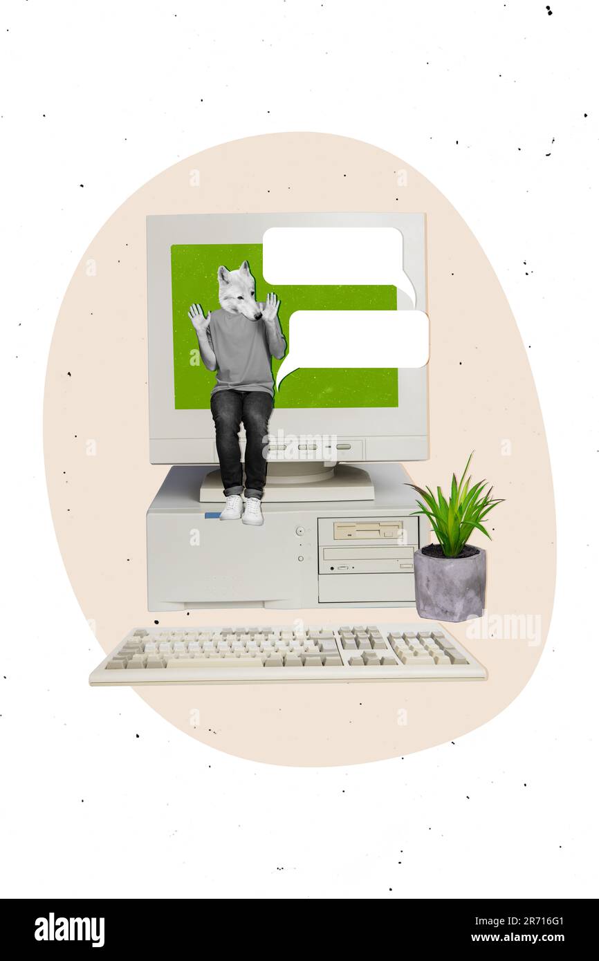 Vertical photo collage of headless wolf animal surreal hands up scared ...