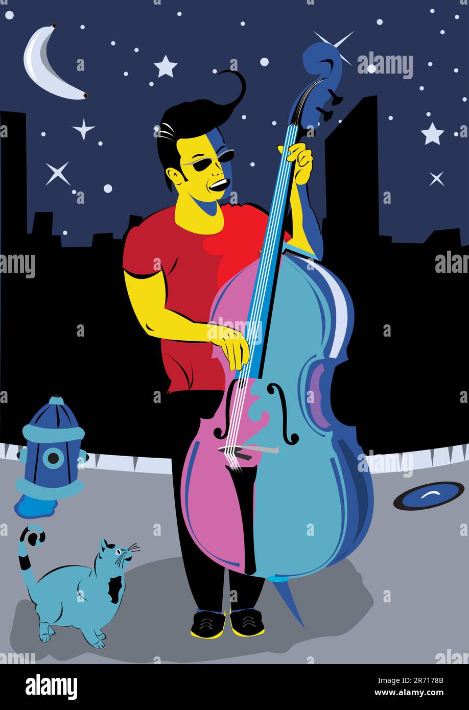 Vector illustration of a man playing the double bass, and singing on ...