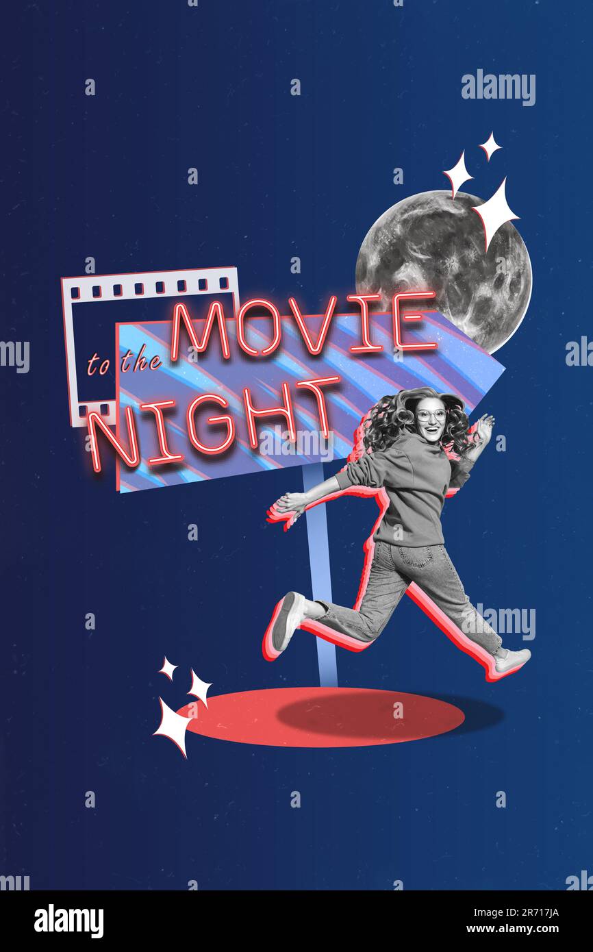 Vertical collage image of excited black white effect girl rush fast to ...