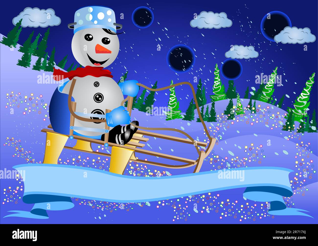 Vector illustration of a smiling snowman sledging, with a decoration ...