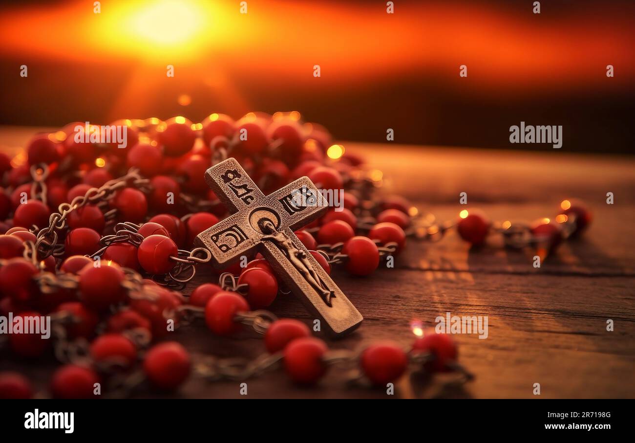 Rosary with cross at sunset Light Stock Photo - Alamy