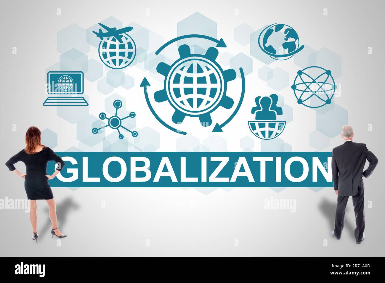 Globalization concept drawn on a wall watched by business people Stock ...