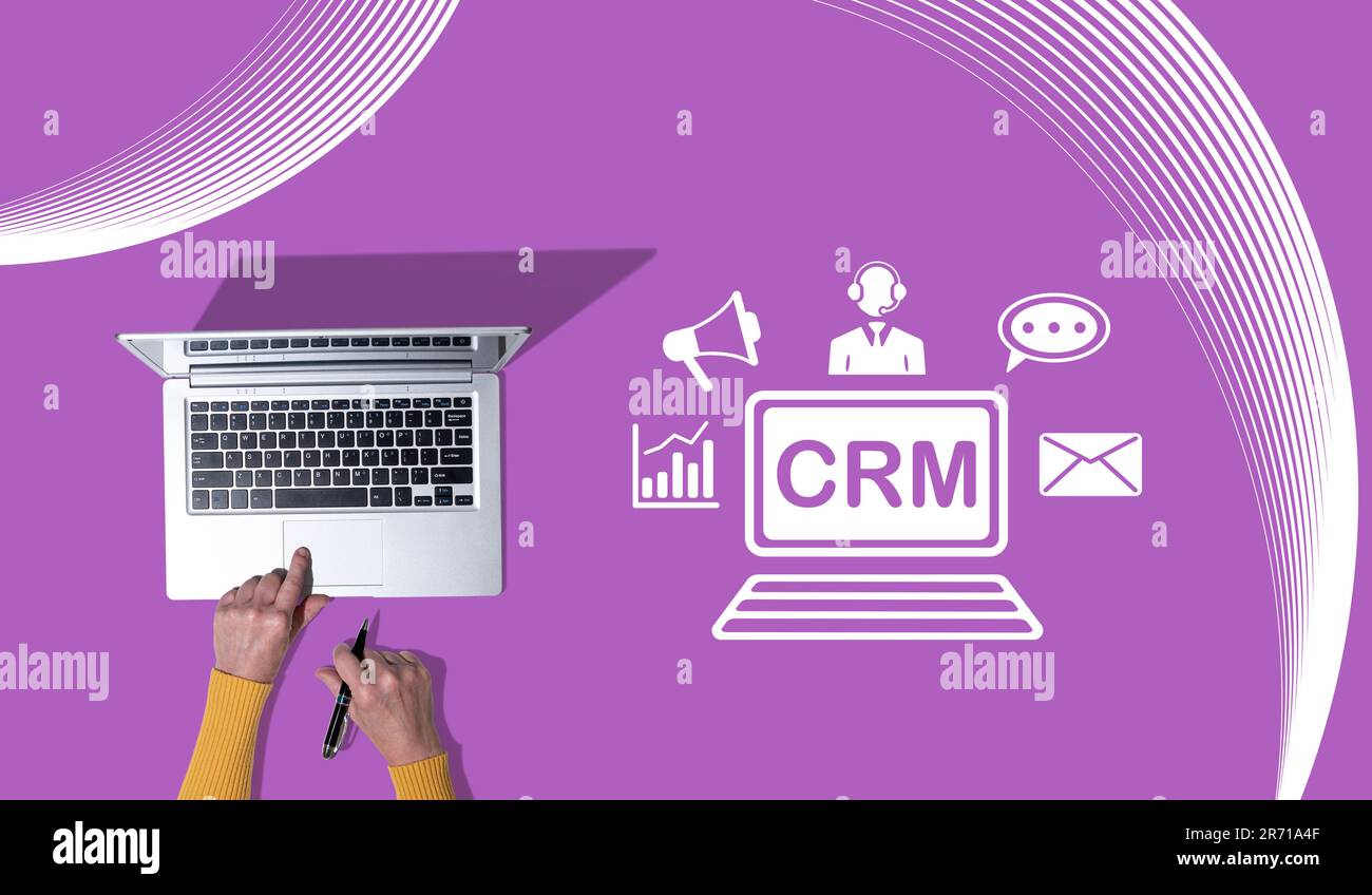 Top view of hands using laptop with symbol of crm concept Stock Photo ...