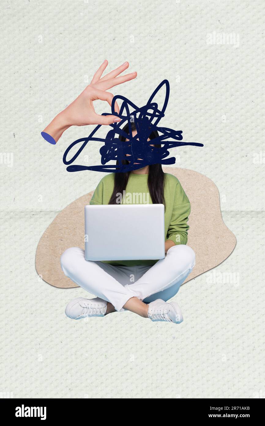Vertical composite collage design of drawn head absurd overloaded ...