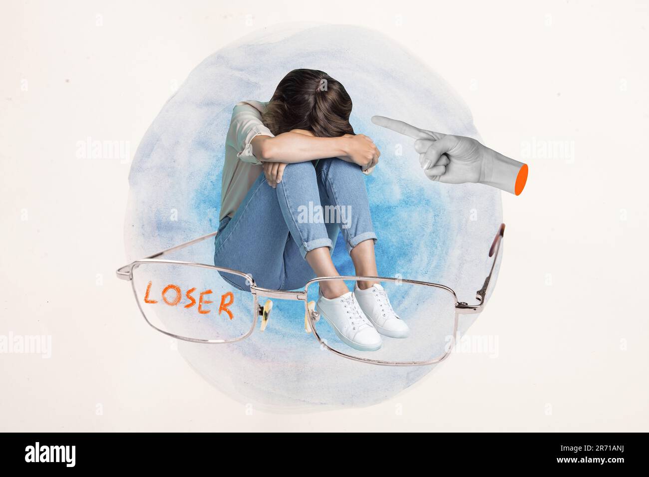 Creative collage picture of black white colors arm point finger abuse ...