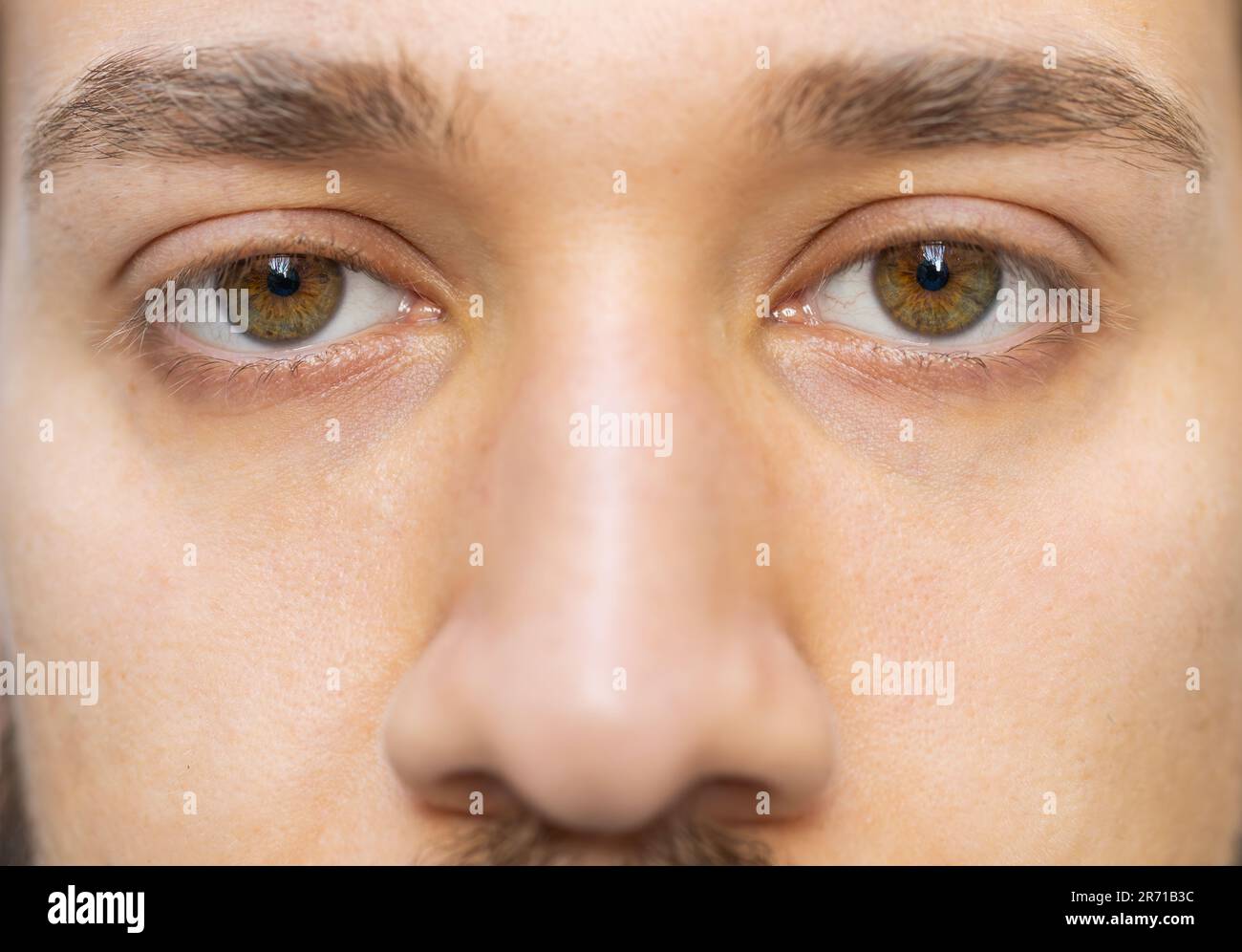 Extreme close-up macro portrait of face. Young adult handsome bearded ...