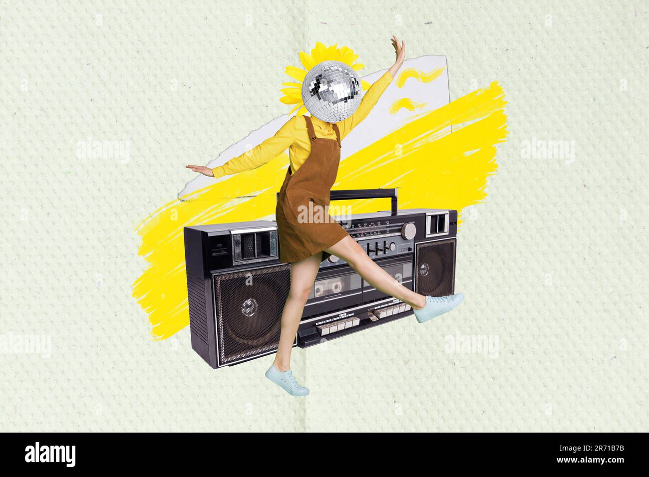 Collage portrait of mini dancing girl disco ball instead head listen ...