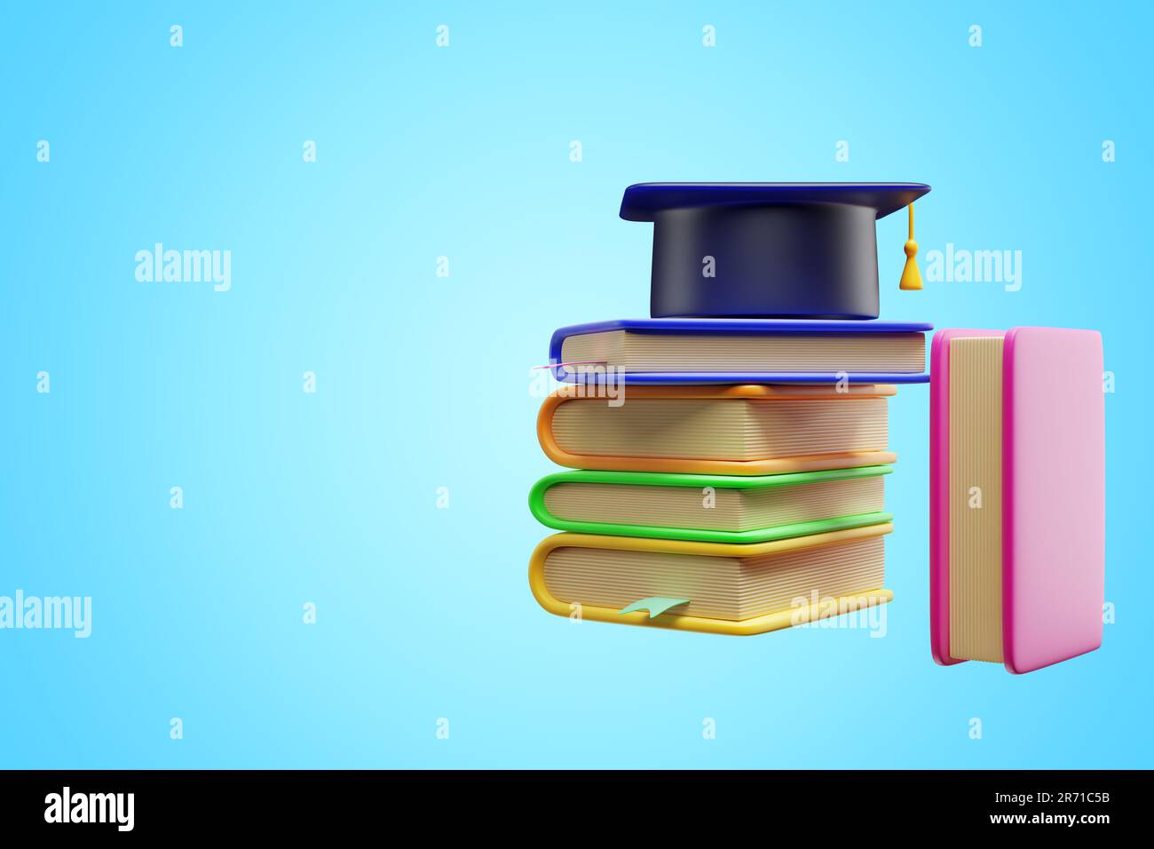 Stack of books and academic cap isolated on blue background. 3d ...