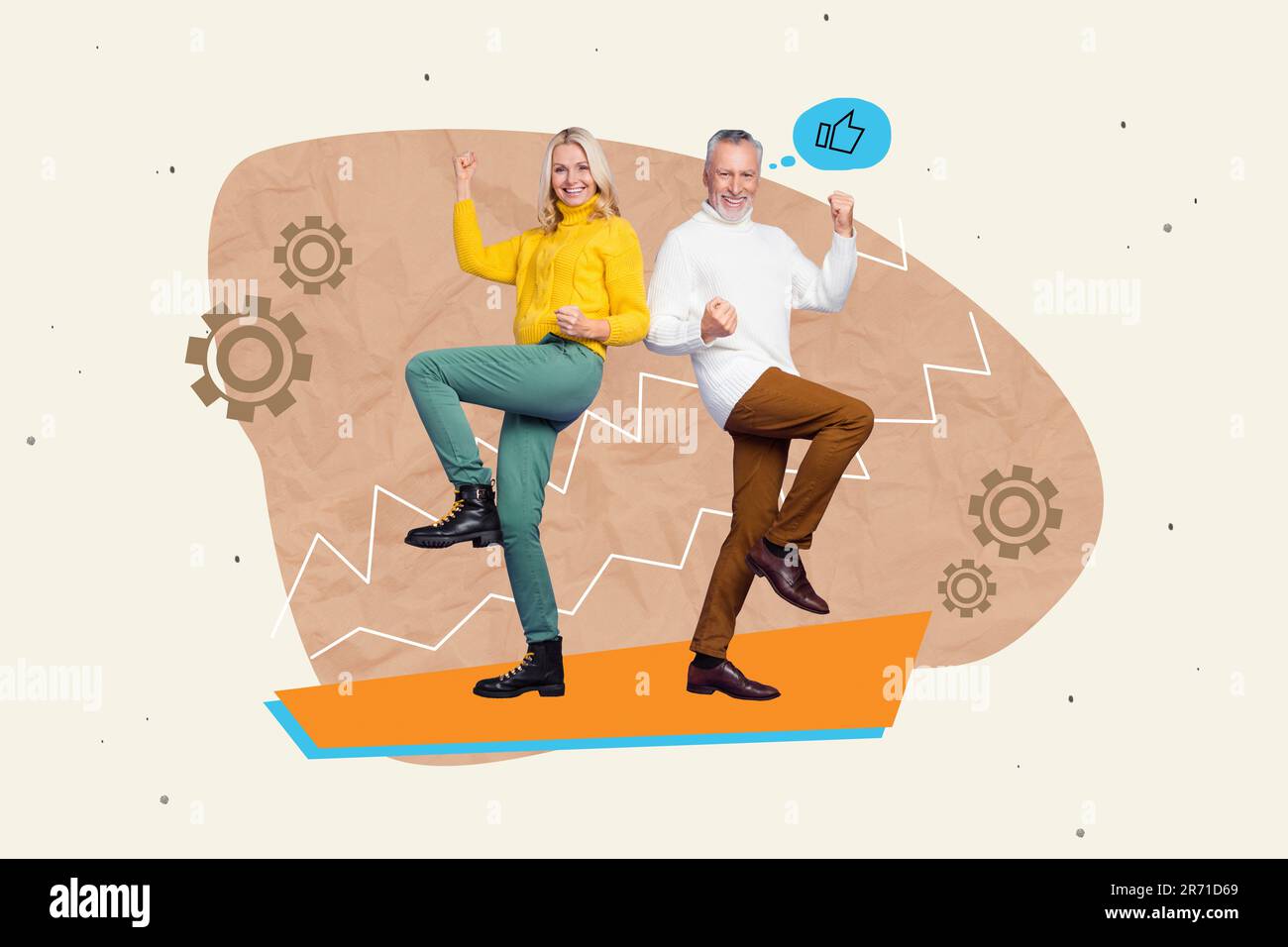 Collage portrait of two business partners family mature age fists up ...