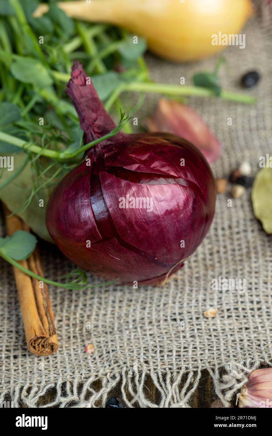 onion bulb and other spices on the table while cooking dishes in ...