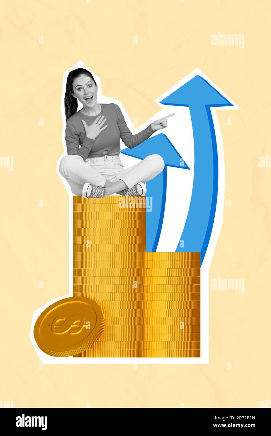 Vertical composite 3d photo collage of ecstatic overjoyed woman sitting ...