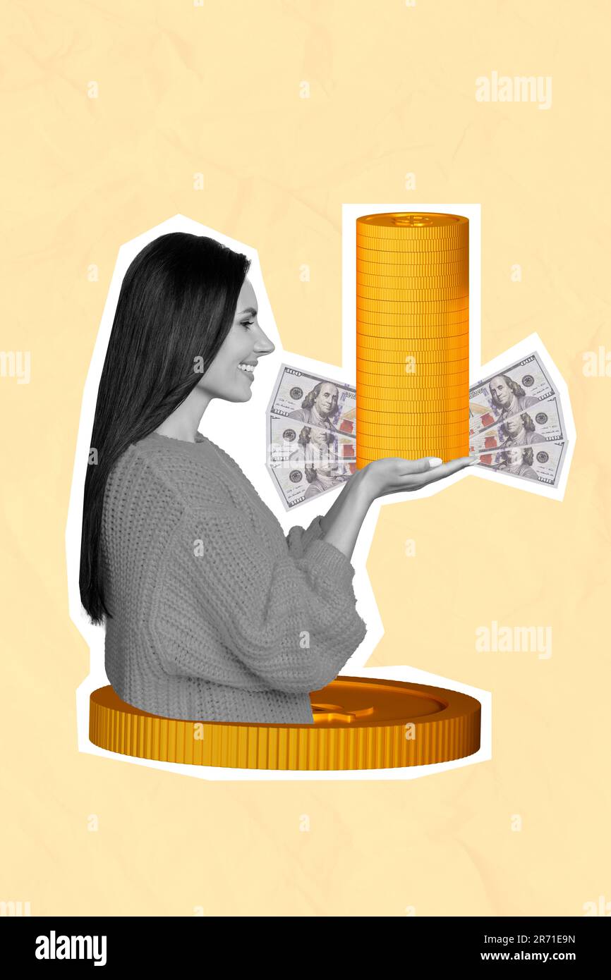 Vertical creative composite photo collage of satisfied happy nice woman ...