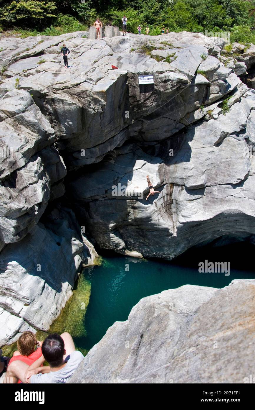 Switzerland, Maggia valley, Ponte Brolla, Cliff diving Stock Photo - Alamy