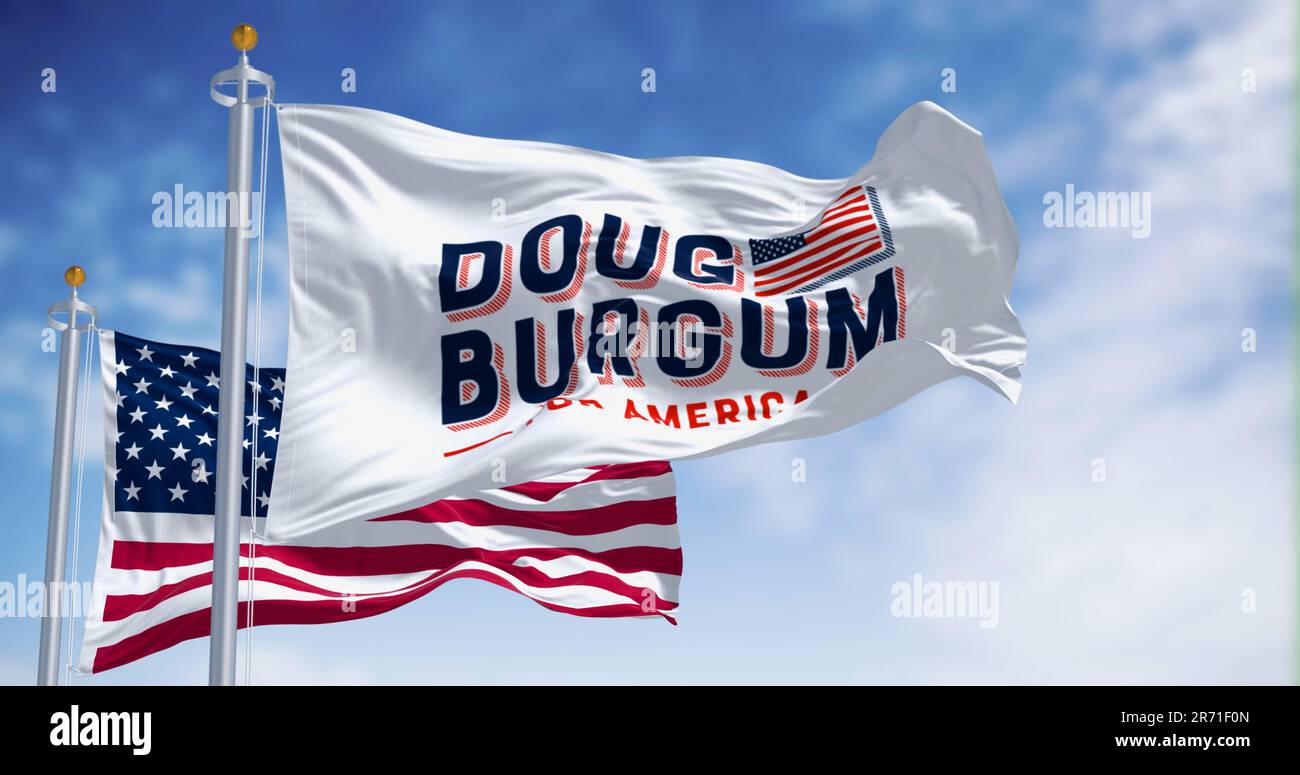 Arthur, US, June 2023: Flags of Doug Burgum election campaign and the ...