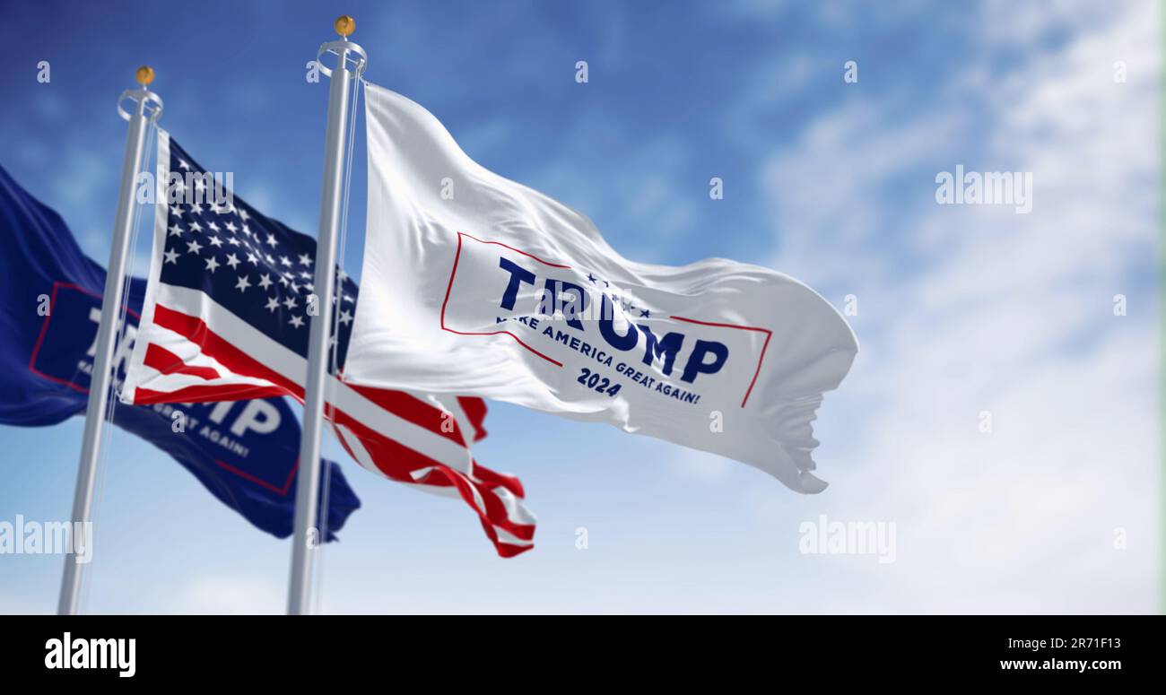 Arlington, US, march 2023: Flags of Donald Trump election campaign and ...