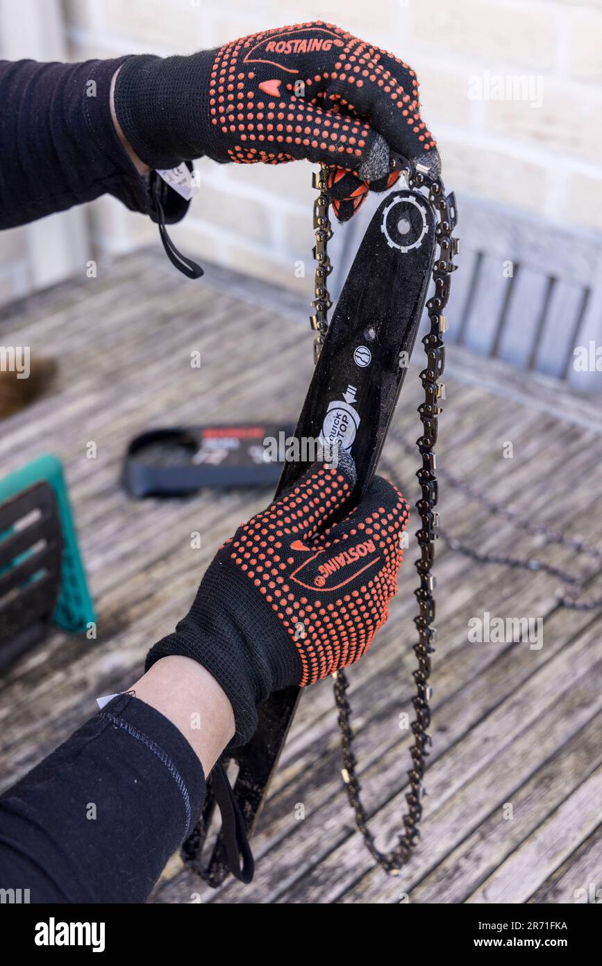 Changing the chain on an electric chainsaw Stock Photo - Alamy