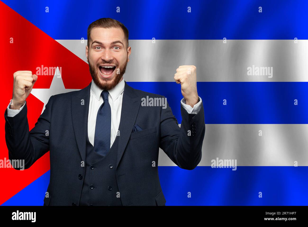 Cuban happy businessman on the background of flag of Cuba. Business ...