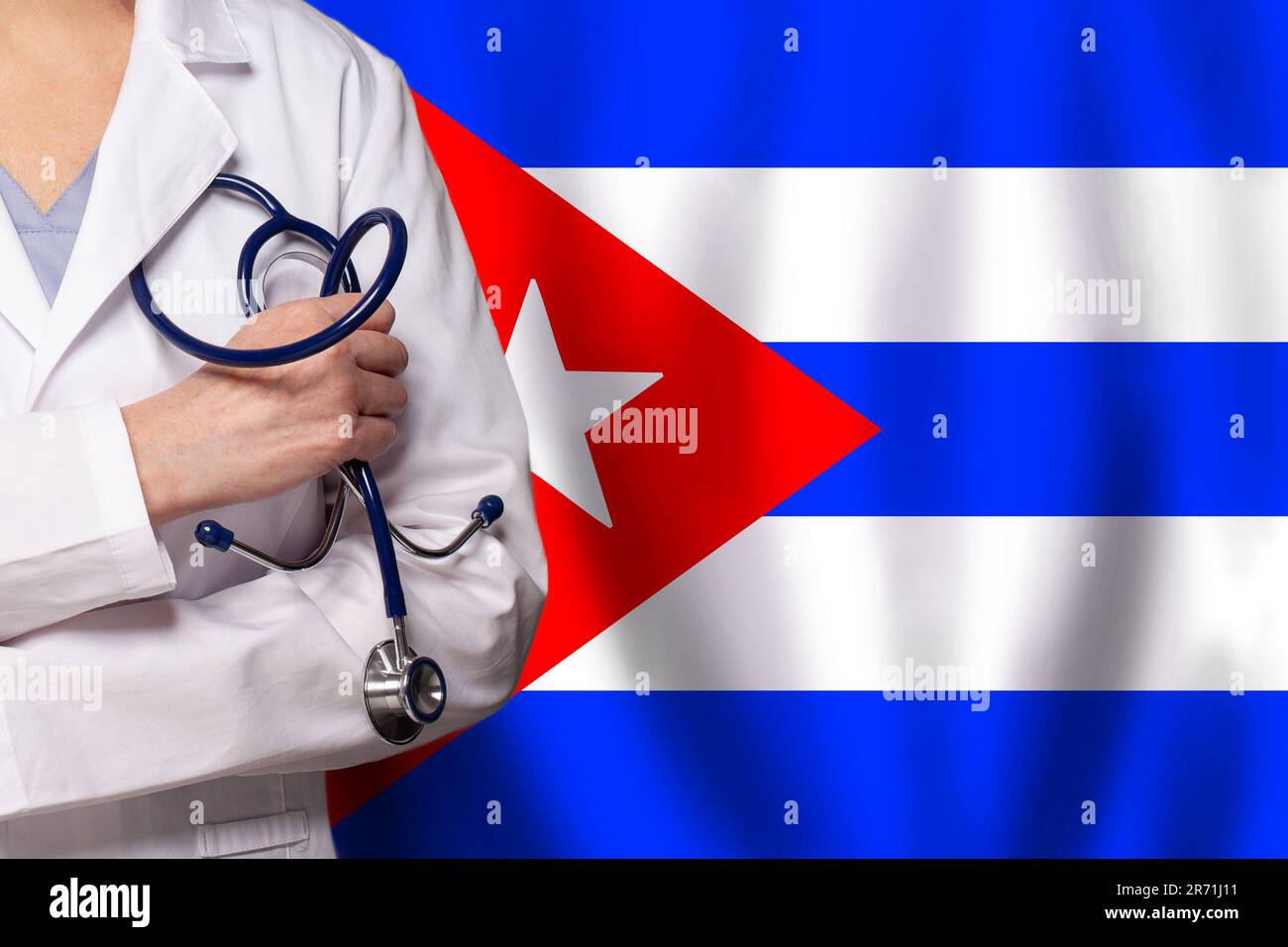 Cuban medicine and healthcare concept. Doctor close up against flag of ...