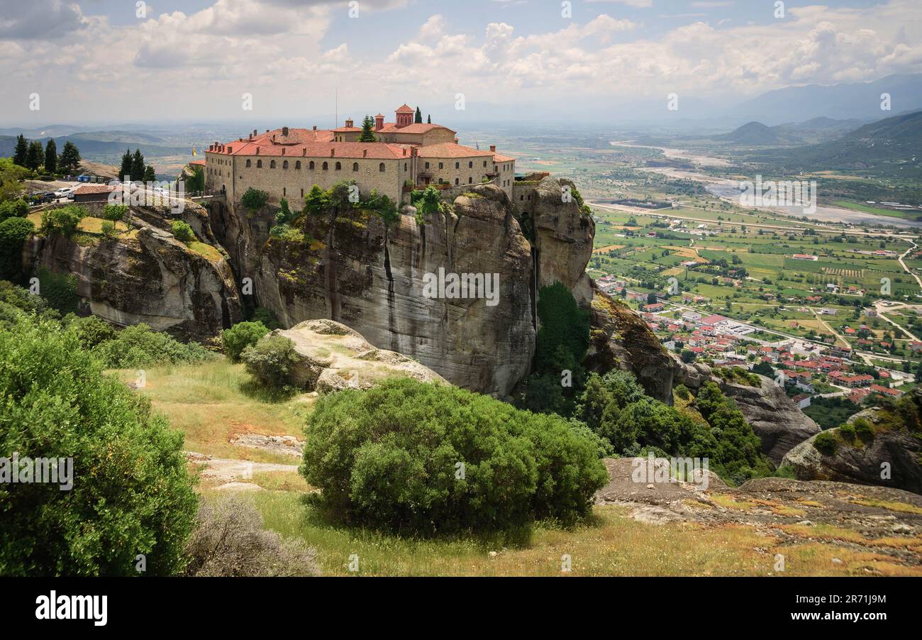 Meteora. Monastery of St. Stephan with the thessalian plain in the ...