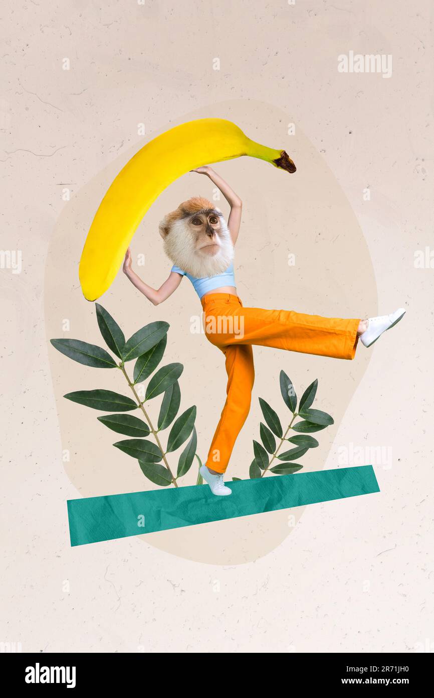 Poster collage banner of weird people with ape face holding big banana ...