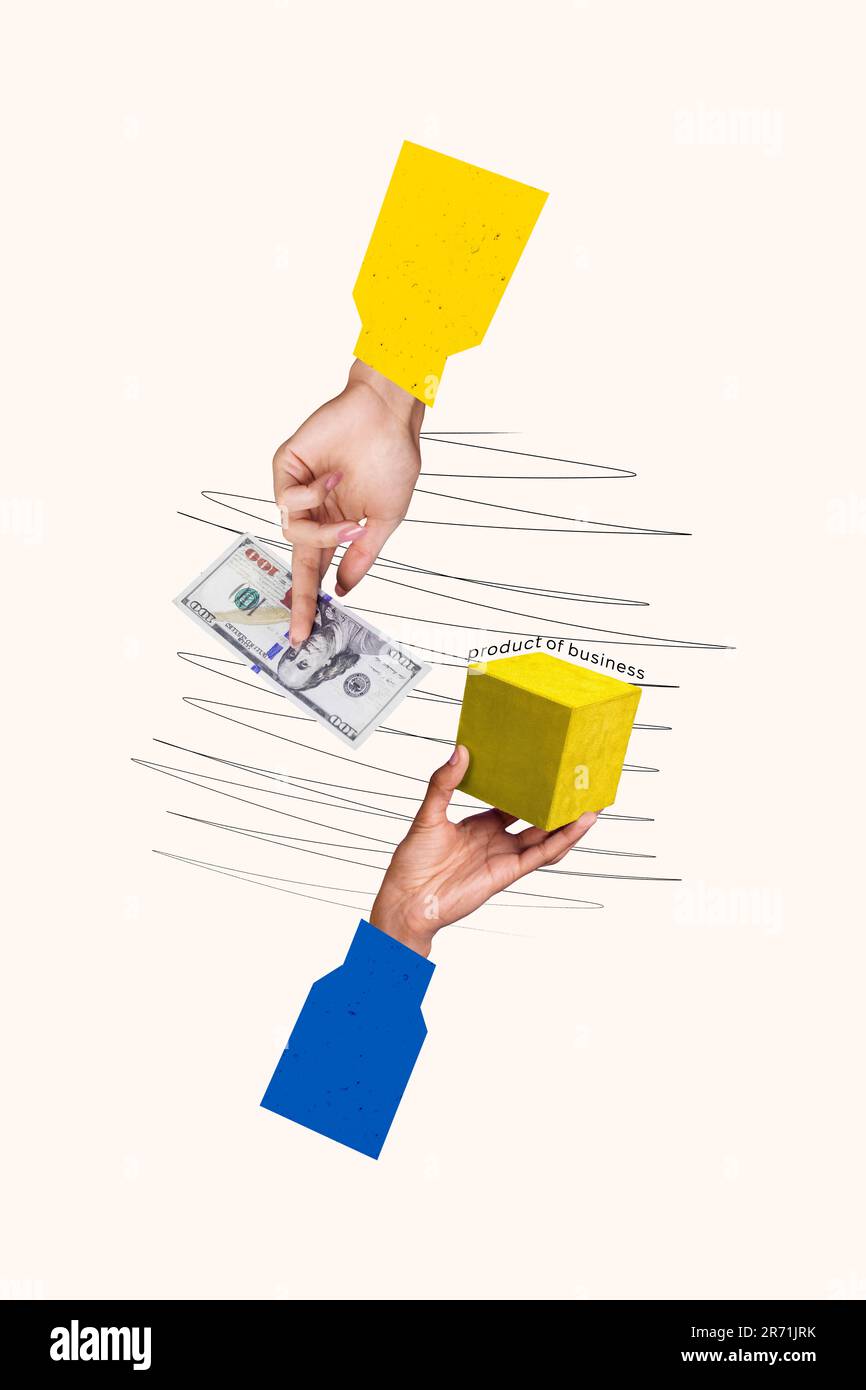 Vertical collage of two people arms hold dollar bill banknote buy ...