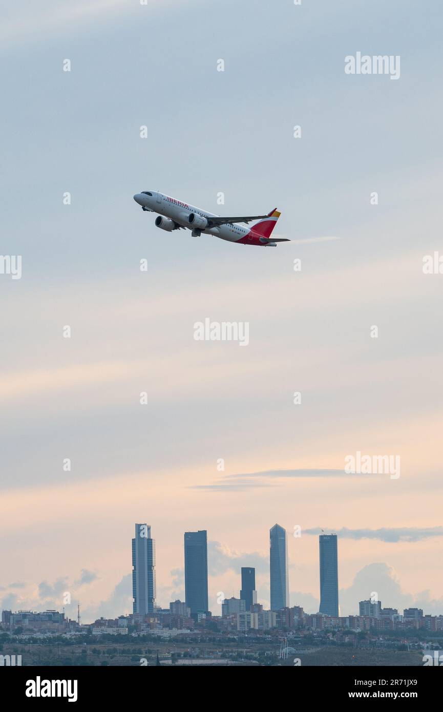 Airplane iberia madrid towers hi-res stock photography and images - Alamy