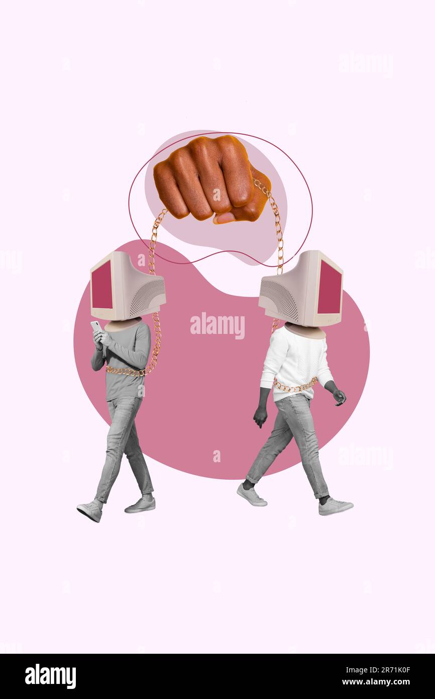 Poster banner collage of boss fist dictator control with chains workers ...