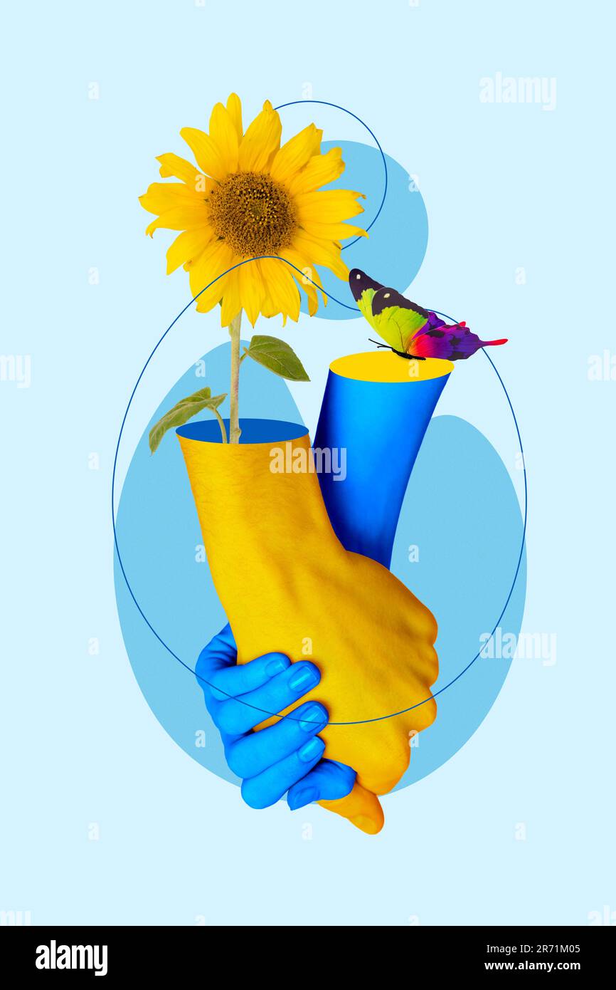 Poster creative banner collage of two people in ukrainian flag colors ...