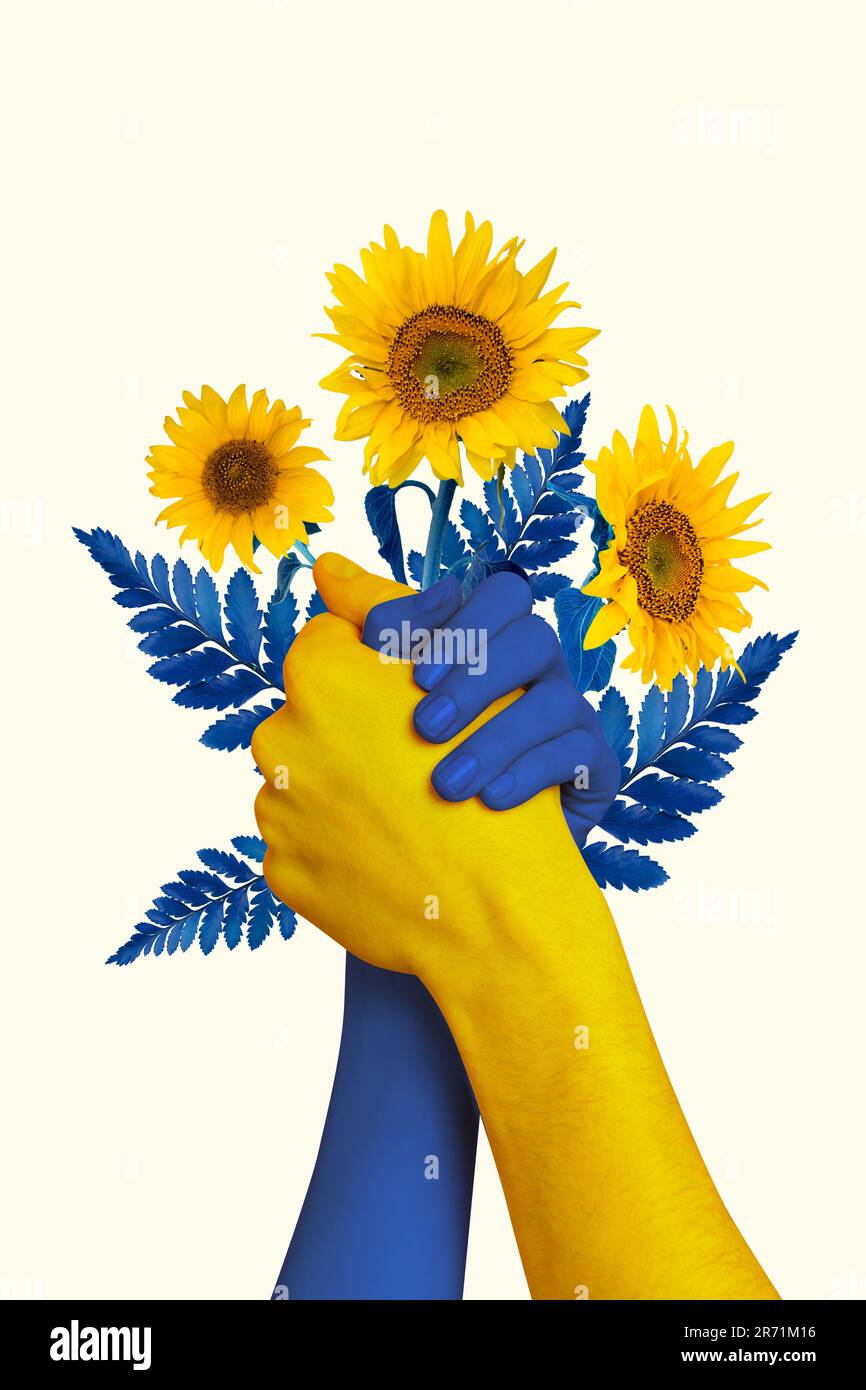 Vertical collage image of two yellow blue arms handshake plant leaves ...