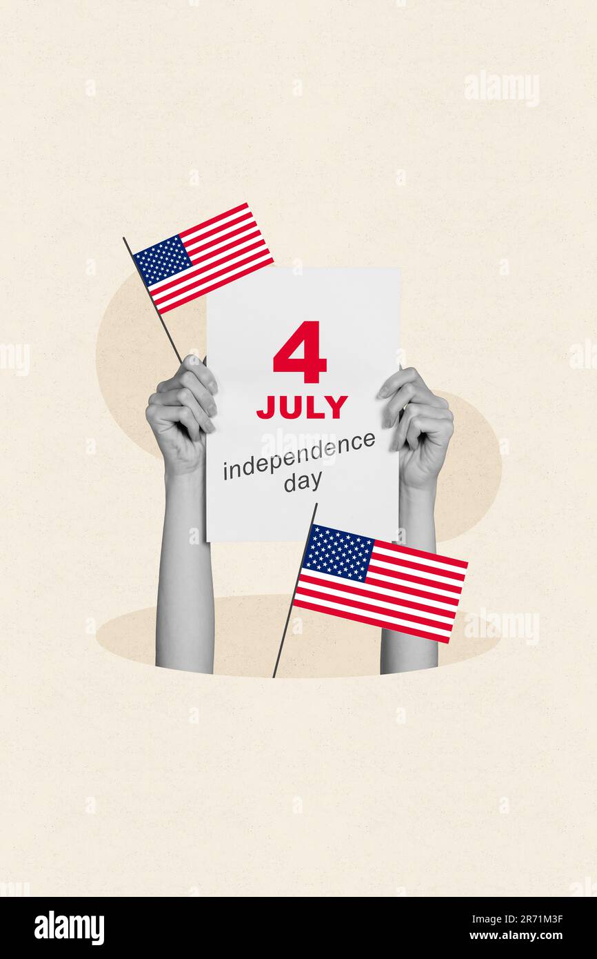 Vertical collage picture of black white gamma arms hold 4 july ...