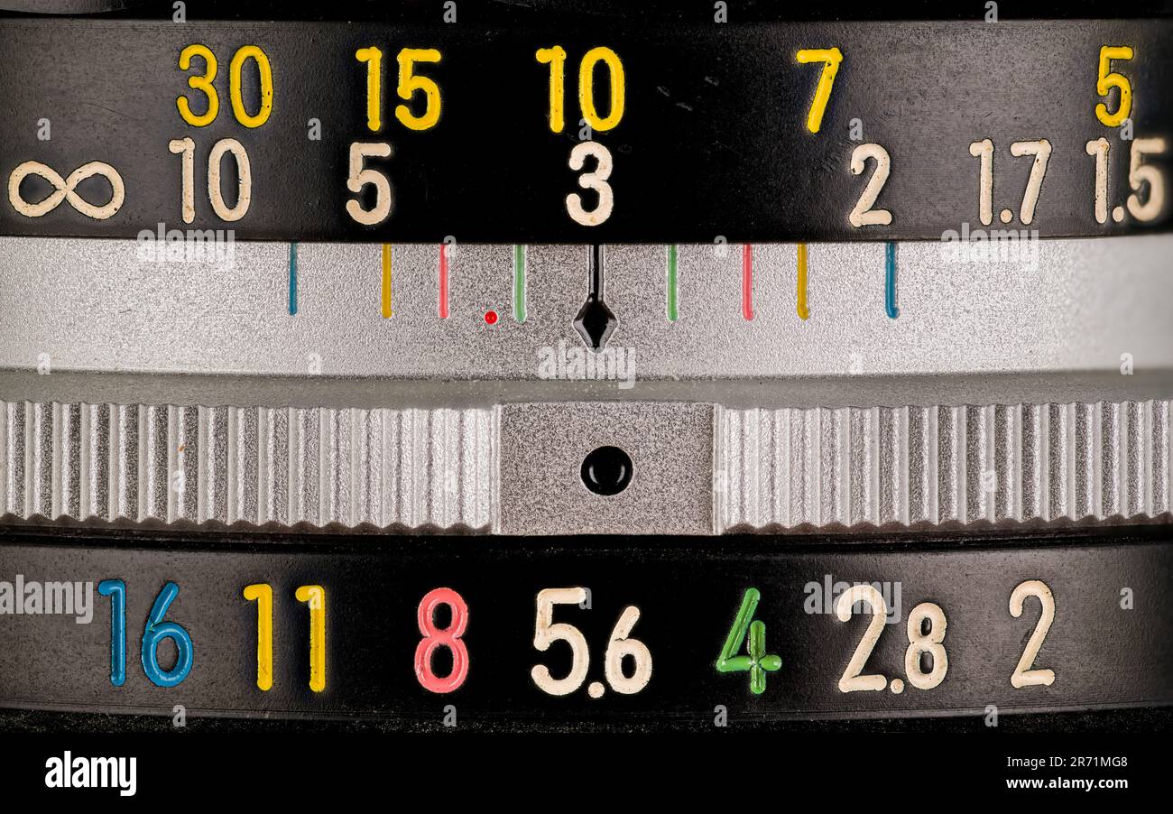 Close up macro photograph of the aperture and focus dials on a vintage ... Close up macro photograph of the aperture and focus dials on a vintage ...