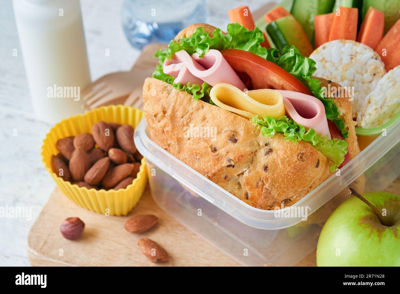 Healthy food for school lunch concept. Healthy bread, meat sandwich ...