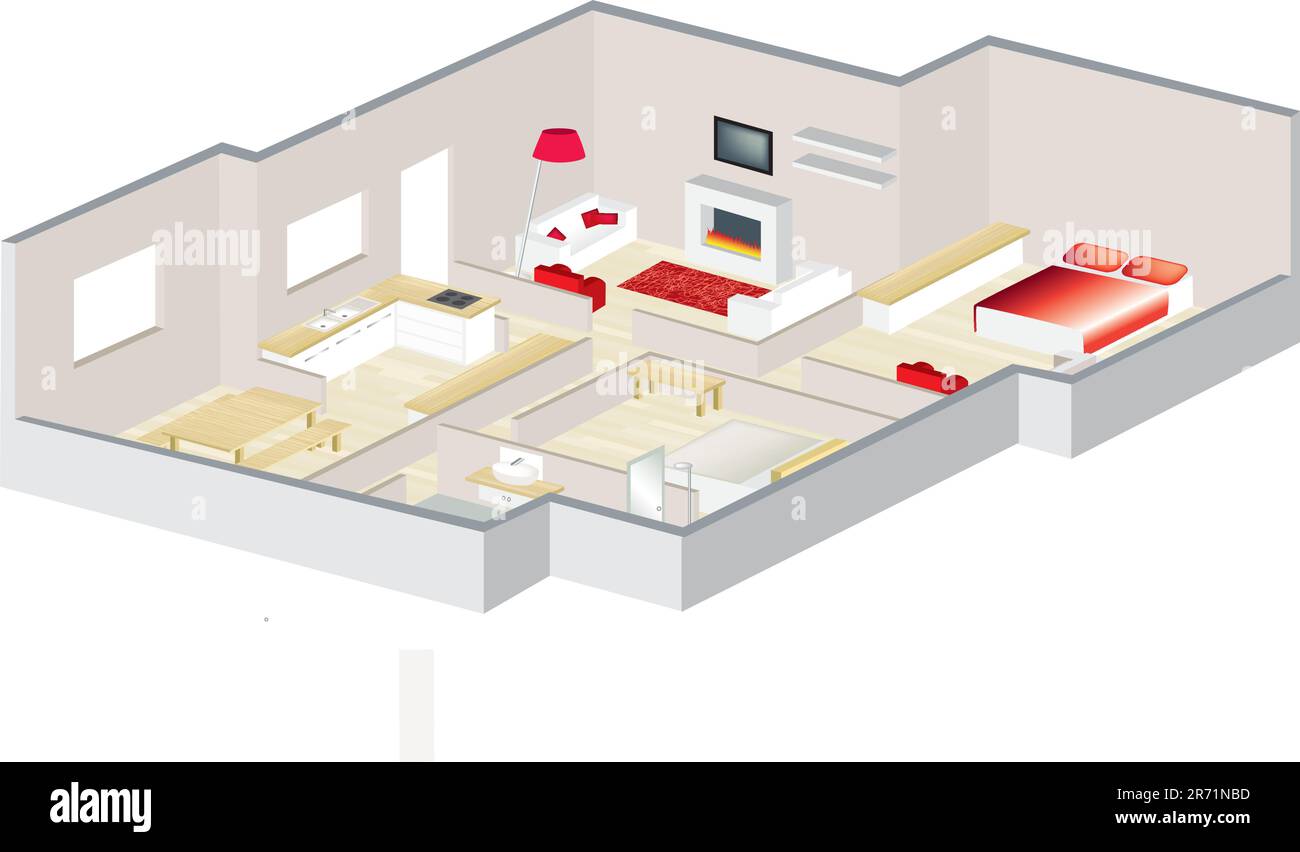 3D floorplan with furniture visualised for an apartment or a house ...